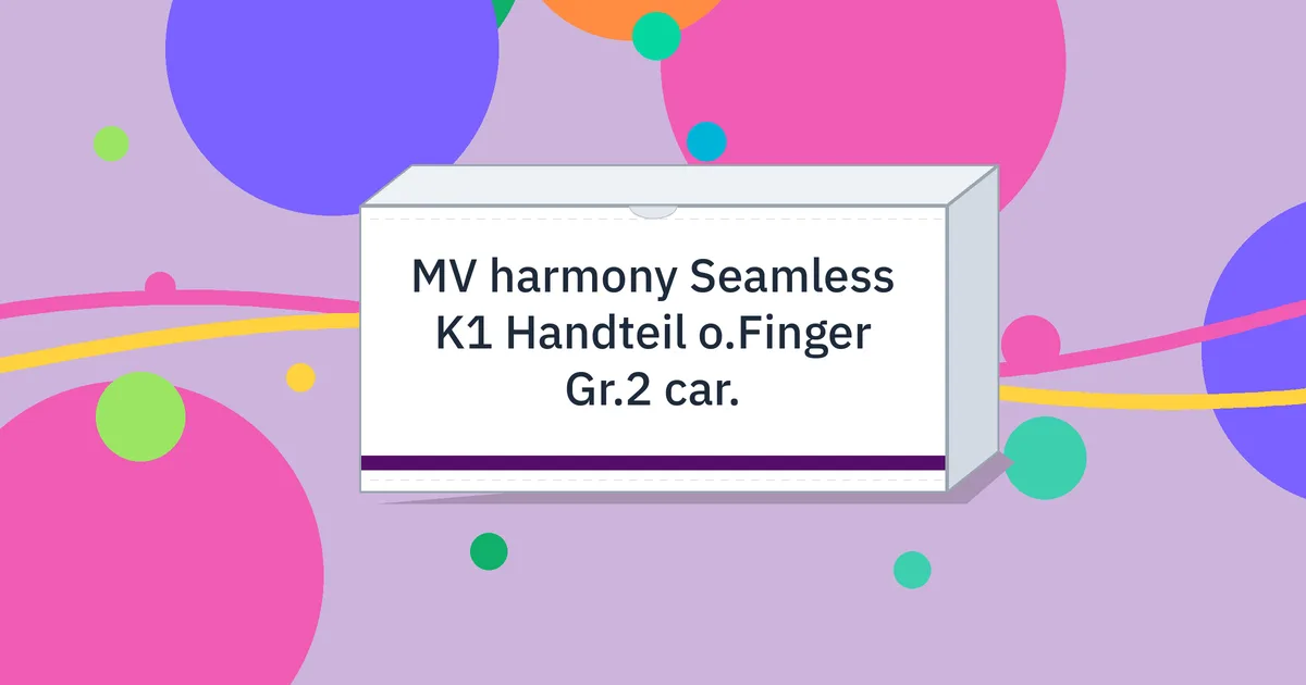 Symbolbild: Packung mit der Aufschrift MV harmony Seamless K1 Handteil o.Finger Gr.2 car. (PZN 17590508) – Verfügbarkeit und Bezug in Apotheken in Frankfurt am Main