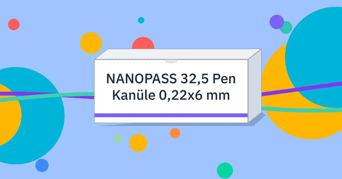 Symbolbild: Packung mit der Aufschrift NANOPASS 32,5 Pen Kanüle 0,22x6 mm (PZN 20611013) – Verfügbarkeit und Bezug in Apotheken in Frankfurt am Main