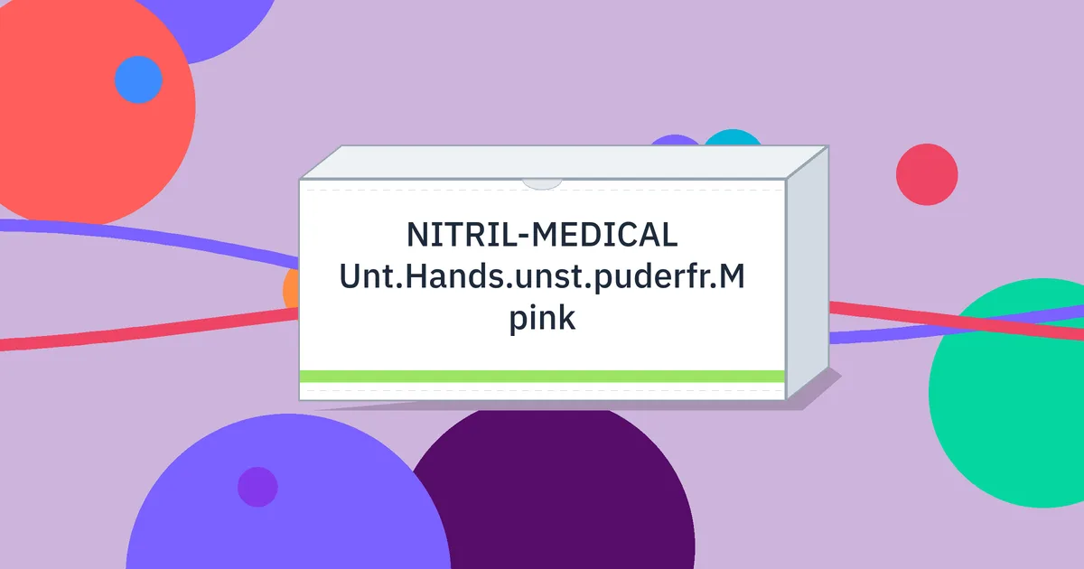 Symbolbild: Packung mit der Aufschrift NITRIL-MEDICAL Unt.Hands.unst.puderfr.M pink (PZN 18766636) – Verfügbarkeit und Bezug in Apotheken in Frankfurt am Main