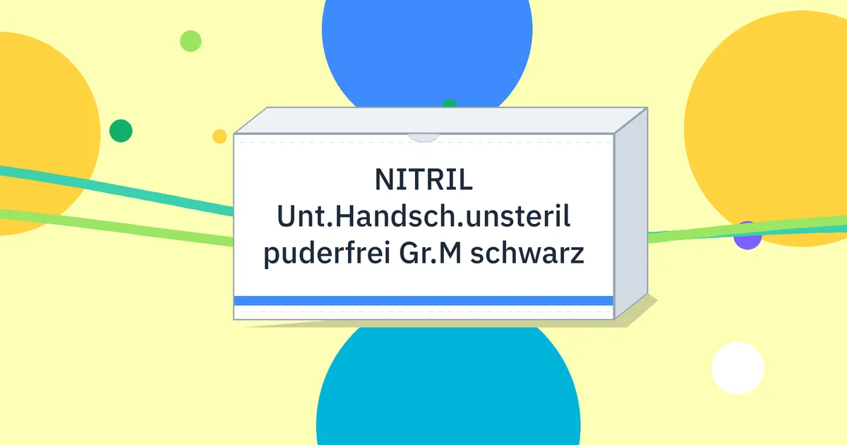 Symbolbild: Packung mit der Aufschrift NITRIL Unt.Handsch.unsteril puderfrei Gr.M schwarz (PZN 13351126) – Verfügbarkeit und Bezug in Apotheken in Frankfurt am Main