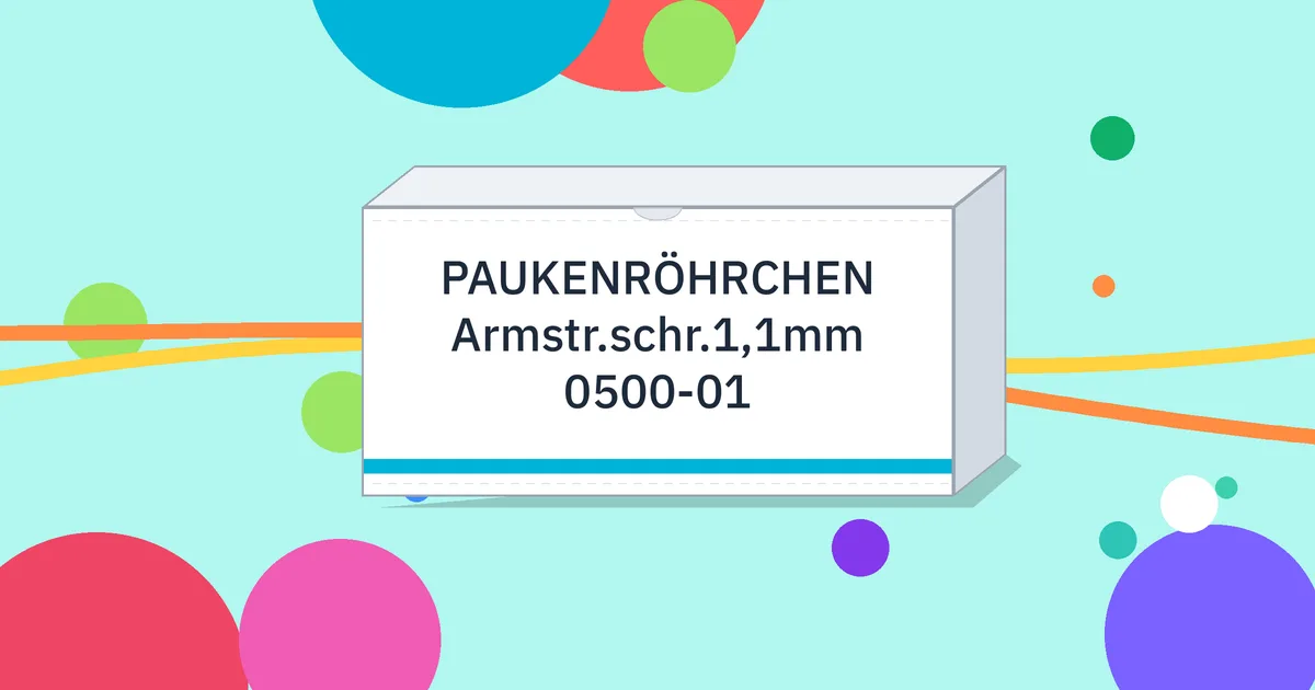 Symbolbild: Packung mit der Aufschrift PAUKENRÖHRCHEN Armstr.schr.1,1mm 0500-01 (PZN 00184543) – Verfügbarkeit und Bezug in Apotheken in Frankfurt am Main