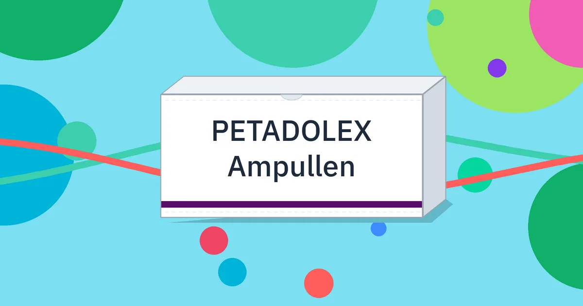 Symbolbild: Packung mit der Aufschrift PETADOLEX Ampullen (PZN 08795341) – Verfügbarkeit und Bezug in Apotheken in Frankfurt am Main