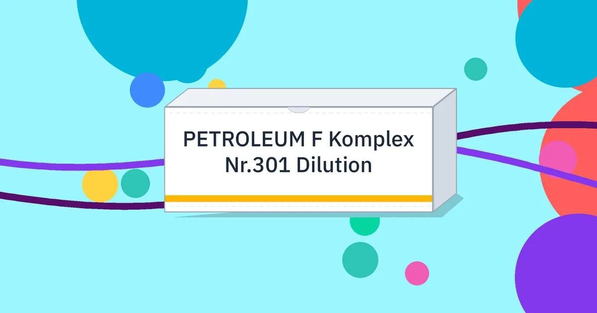 Symbolbild: Packung mit der Aufschrift PETROLEUM F Komplex Nr.301 Dilution (PZN 04484957) – Verfügbarkeit und Bezug in Apotheken in Frankfurt am Main