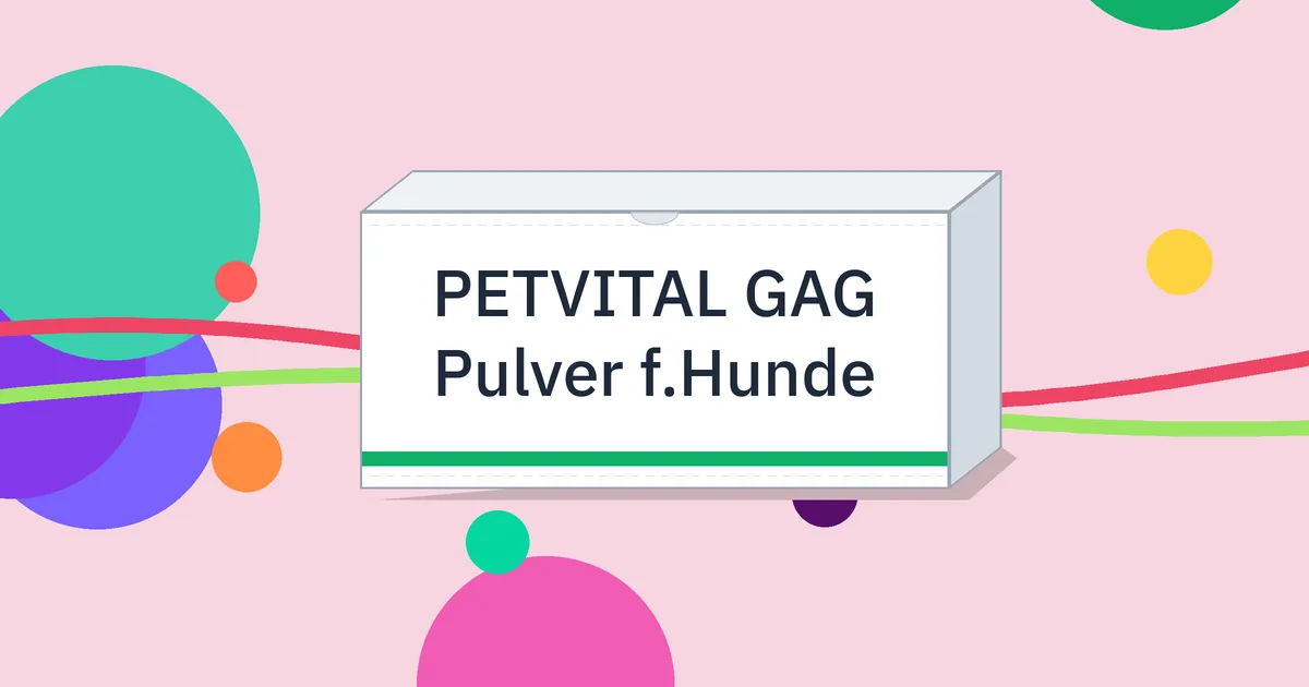 Symbolbild: Packung mit der Aufschrift PETVITAL GAG Pulver f.Hunde (PZN 07637232) – Verfügbarkeit und Bezug in Apotheken in Frankfurt am Main