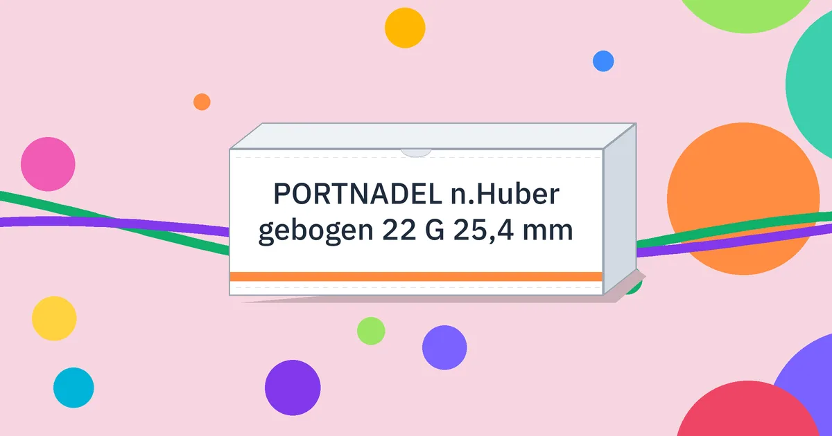 Symbolbild: Packung mit der Aufschrift PORTNADEL n.Huber gebogen 22 G 25,4 mm (PZN 00108105) – Verfügbarkeit und Bezug in Apotheken in Frankfurt am Main