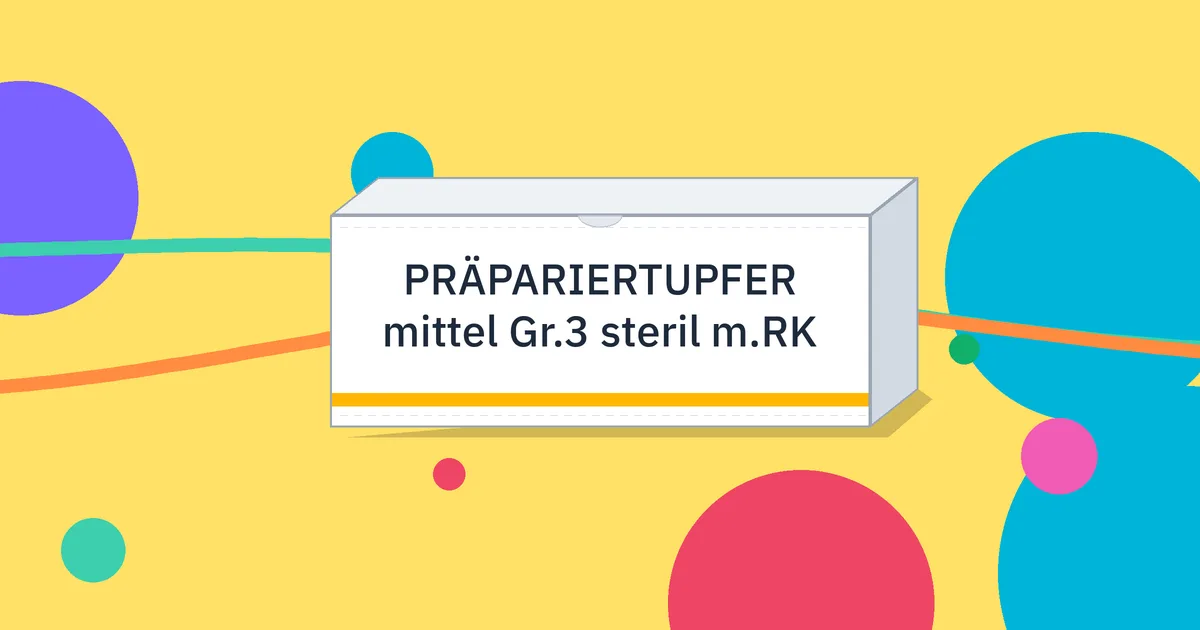 Symbolbild: Packung mit der Aufschrift PRÄPARIERTUPFER mittel Gr.3 steril m.RK (PZN 01483549) – Verfügbarkeit und Bezug in Apotheken in Frankfurt am Main