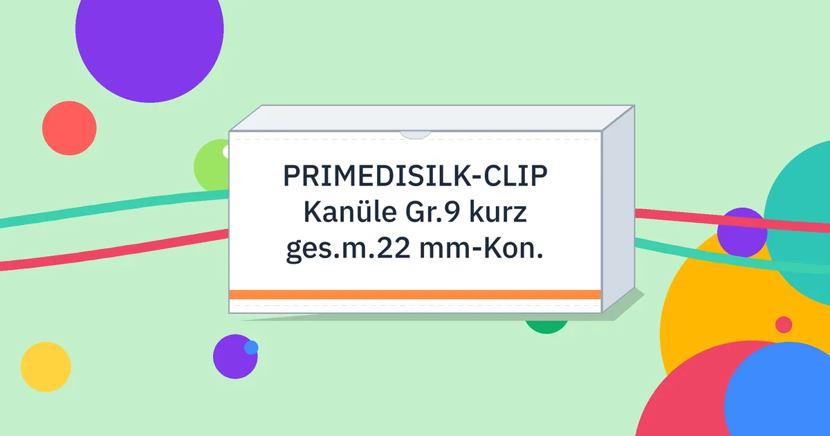 Symbolbild: Packung mit der Aufschrift PRIMEDISILK-CLIP Kanüle Gr.9 kurz ges.m.22 mm-Kon. (PZN 10780772) – Verfügbarkeit und Bezug in Apotheken in Frankfurt am Main