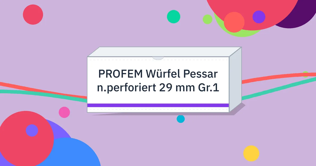 Symbolbild: Packung mit der Aufschrift PROFEM Würfel Pessar n.perforiert 29 mm Gr.1 (PZN 11672843) – Verfügbarkeit und Bezug in Apotheken in Frankfurt am Main