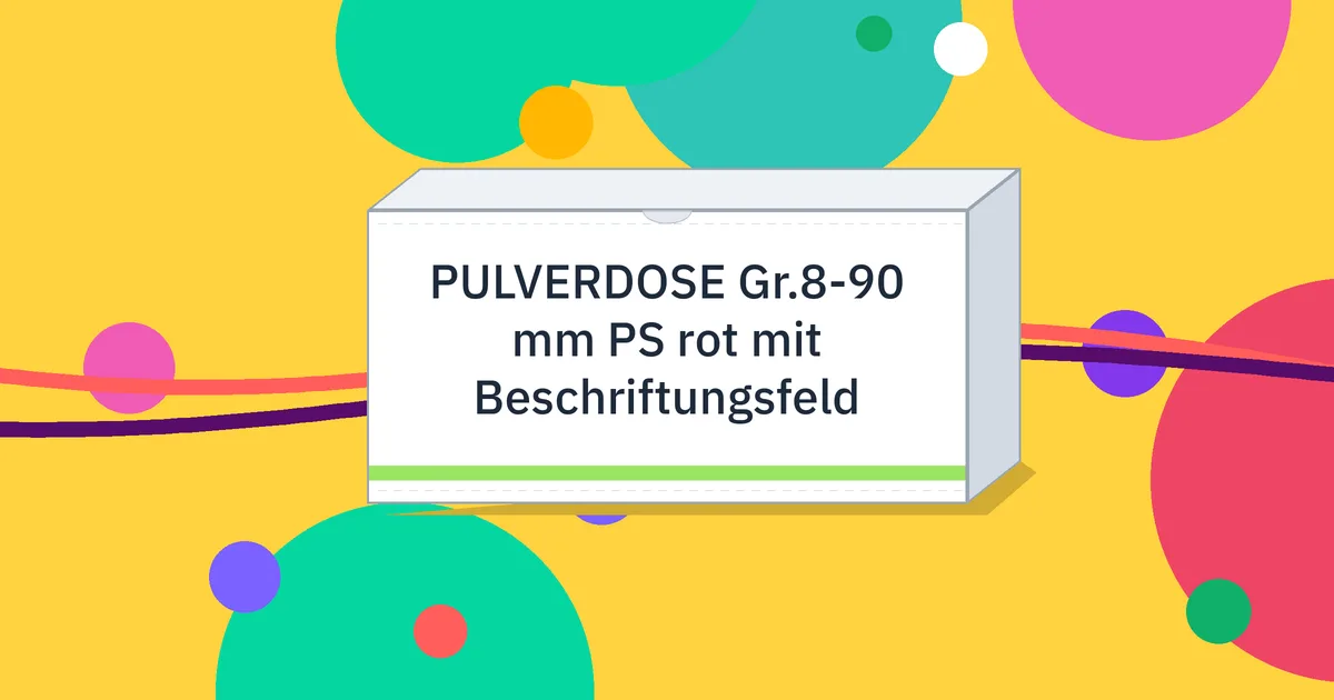 Symbolbild: Packung mit der Aufschrift PULVERDOSE Gr.8-90 mm PS rot mit Beschriftungsfeld (PZN 18222480) – Verfügbarkeit und Bezug in Apotheken in Frankfurt am Main