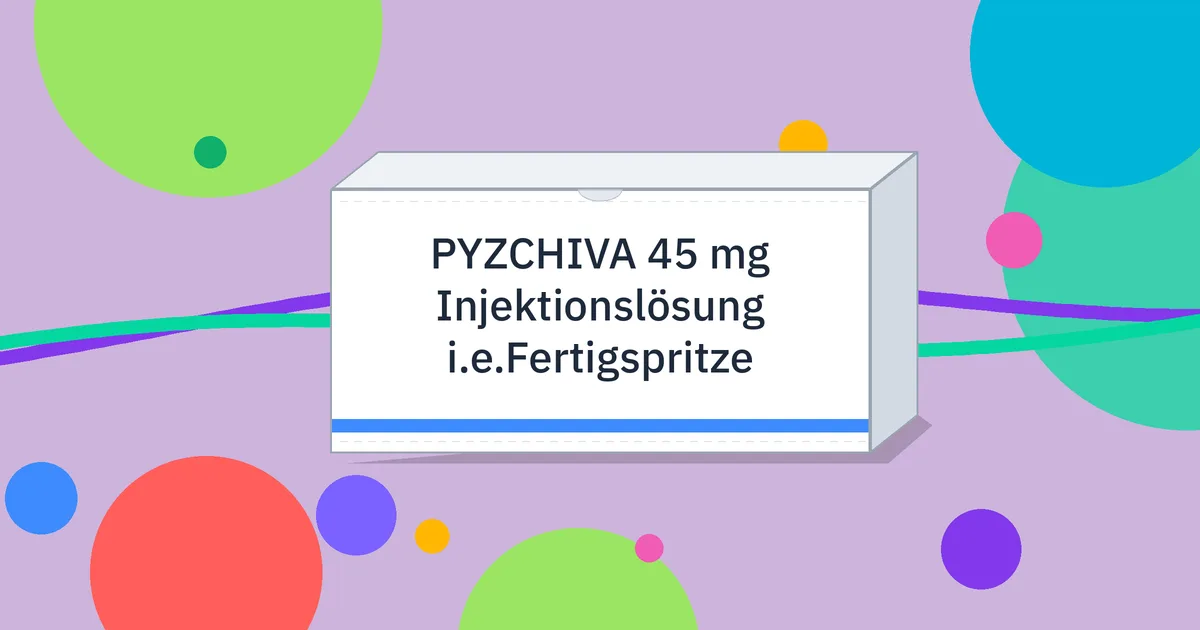 Symbolbild: Packung mit der Aufschrift PYZCHIVA 45 mg Injektionslösung i.e.Fertigspritze (PZN 19528761) – Verfügbarkeit und Bezug in Apotheken in Frankfurt am Main