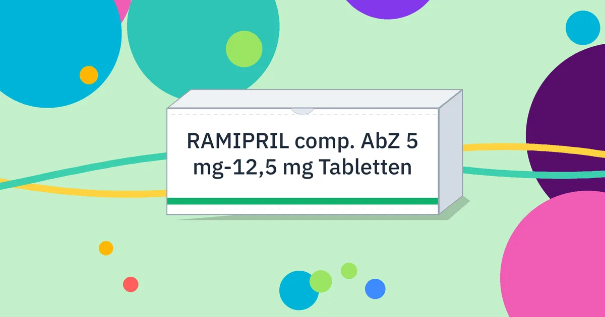 Symbolbild: Packung mit der Aufschrift RAMIPRIL comp. AbZ 5 mg-12,5 mg Tabletten (PZN 09100482) – Verfügbarkeit und Bezug in Apotheken in Frankfurt am Main