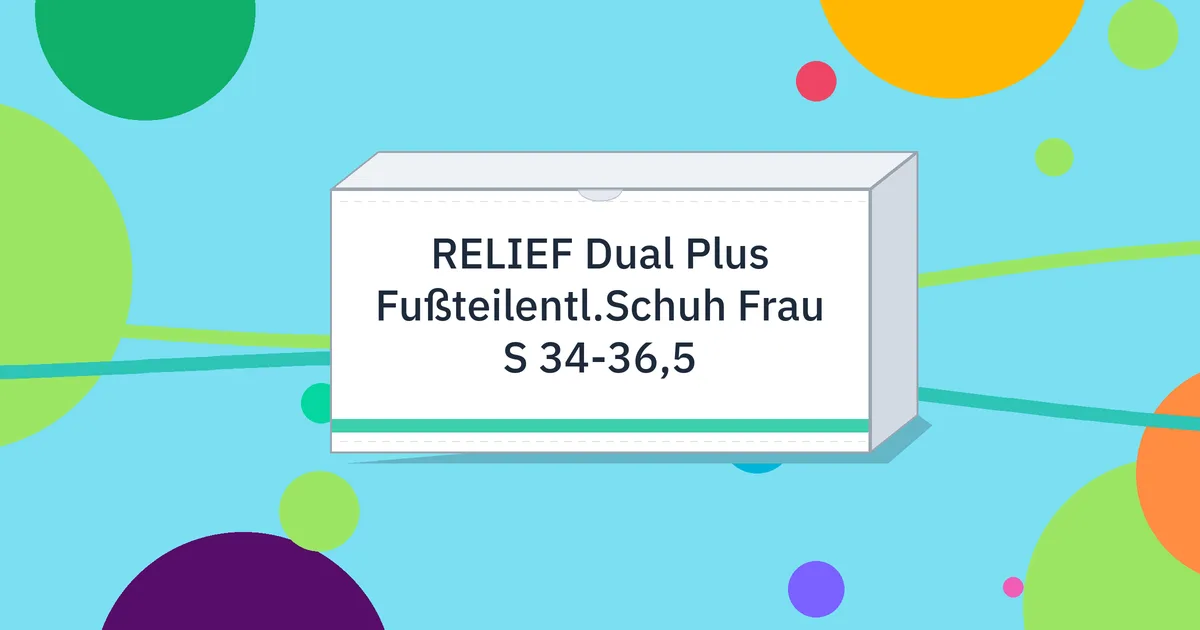 Symbolbild: Packung mit der Aufschrift RELIEF Dual Plus Fußteilentl.Schuh Frau S 34-36,5 (PZN 16907481) – Verfügbarkeit und Bezug in Apotheken in Frankfurt am Main
