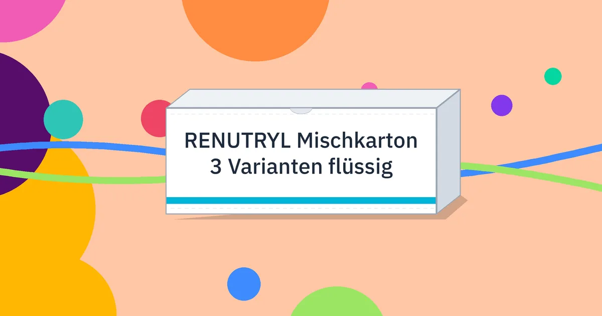 Symbolbild: Packung mit der Aufschrift RENUTRYL Mischkarton 3 Varianten flüssig (PZN 18048993) – Verfügbarkeit und Bezug in Apotheken in Frankfurt am Main