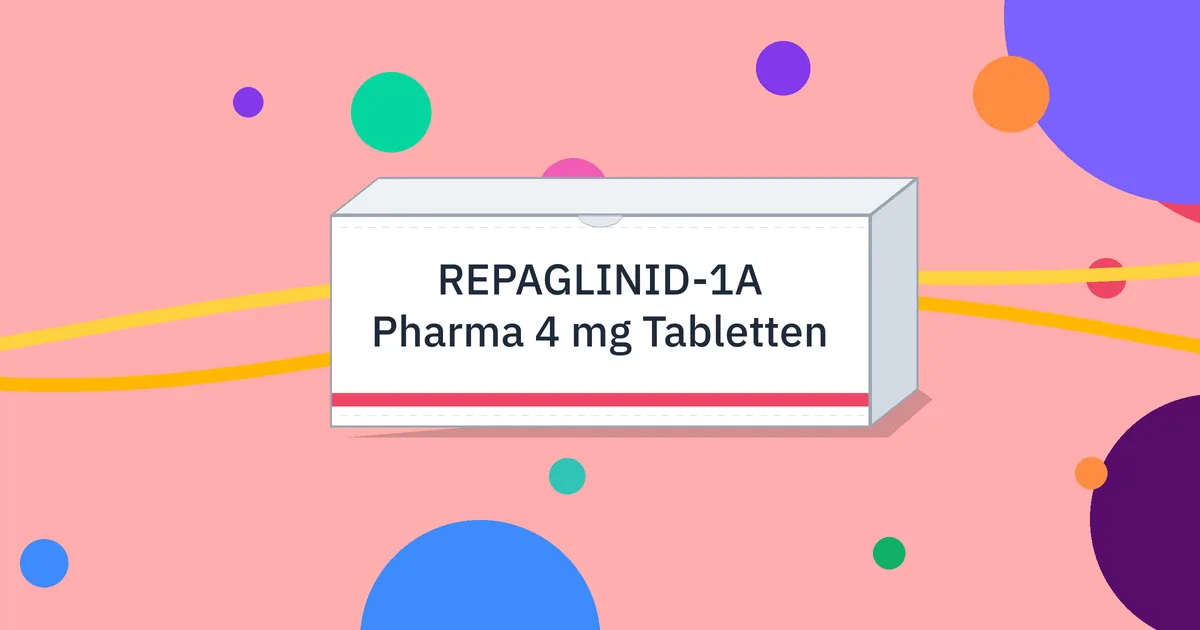 Symbolbild: Packung mit der Aufschrift REPAGLINID-1A Pharma 4 mg Tabletten (PZN 09121308) – Verfügbarkeit und Bezug in Apotheken in Frankfurt am Main
