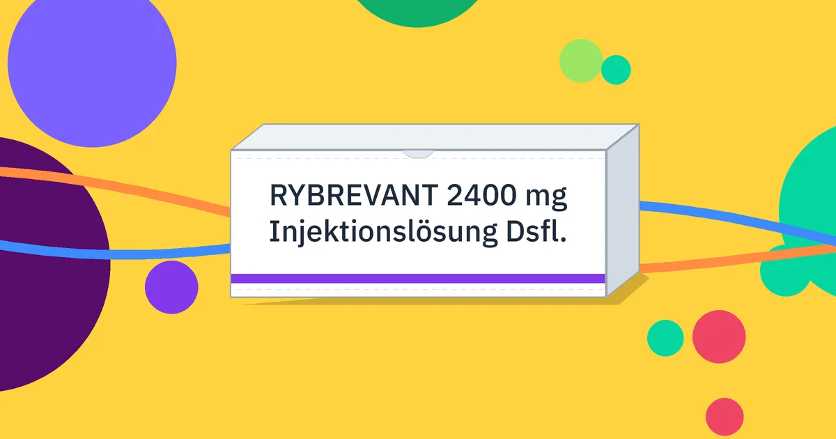 Symbolbild: Packung mit der Aufschrift RYBREVANT 2400 mg Injektionslösung Dsfl. (PZN 19734058) – Verfügbarkeit und Bezug in Apotheken in Frankfurt am Main