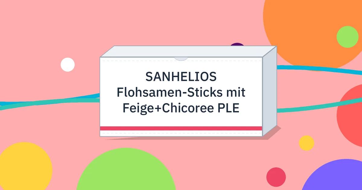 Symbolbild: Packung mit der Aufschrift SANHELIOS Flohsamen-Sticks mit Feige+Chicoree PLE (PZN 19860225) – Verfügbarkeit und Bezug in Apotheken in Frankfurt am Main