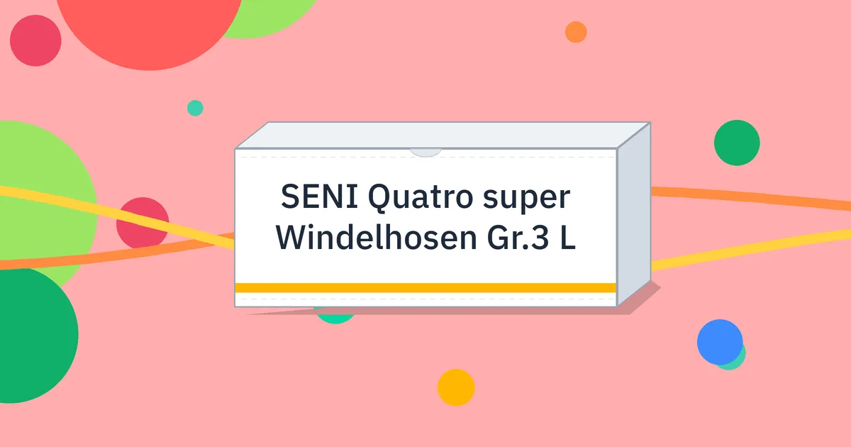 Symbolbild: Packung mit der Aufschrift SENI Quatro super Windelhosen Gr.3 L (PZN 11888106) – Verfügbarkeit und Bezug in Apotheken in Frankfurt am Main