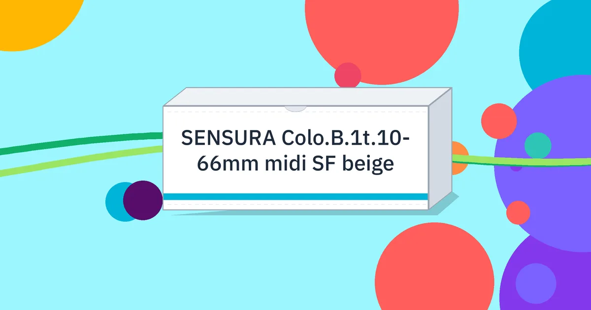 Symbolbild: Packung mit der Aufschrift SENSURA Colo.B.1t.10-66mm midi SF beige (PZN 05373697) – Verfügbarkeit und Bezug in Apotheken in Frankfurt am Main