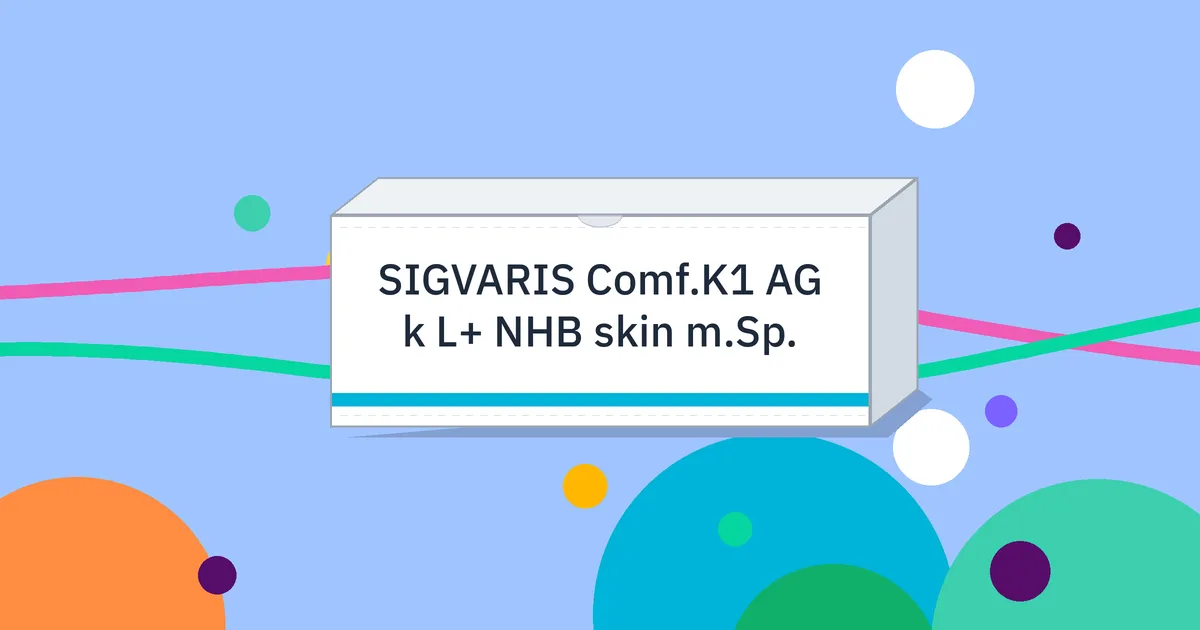 Symbolbild: Packung mit der Aufschrift SIGVARIS Comf.K1 AG k L+ NHB skin m.Sp. (PZN 17098517) – Verfügbarkeit und Bezug in Apotheken in Frankfurt am Main