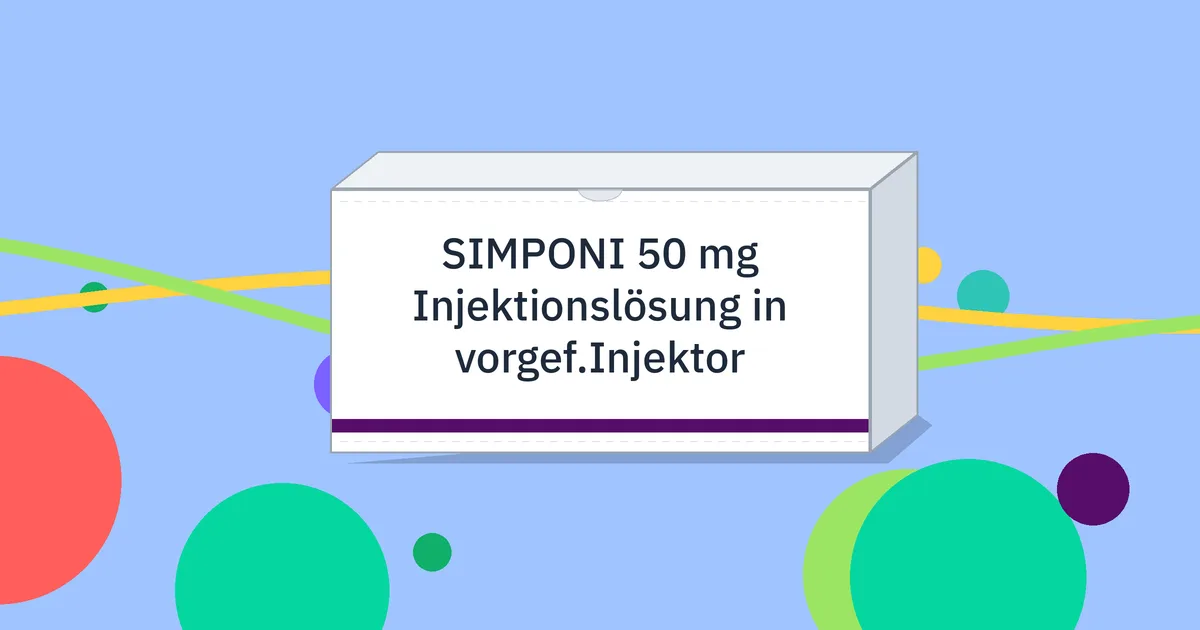 Symbolbild: Packung mit der Aufschrift SIMPONI 50 mg Injektionslösung in vorgef.Injektor (PZN 15416114) – Verfügbarkeit und Bezug in Apotheken in Frankfurt am Main