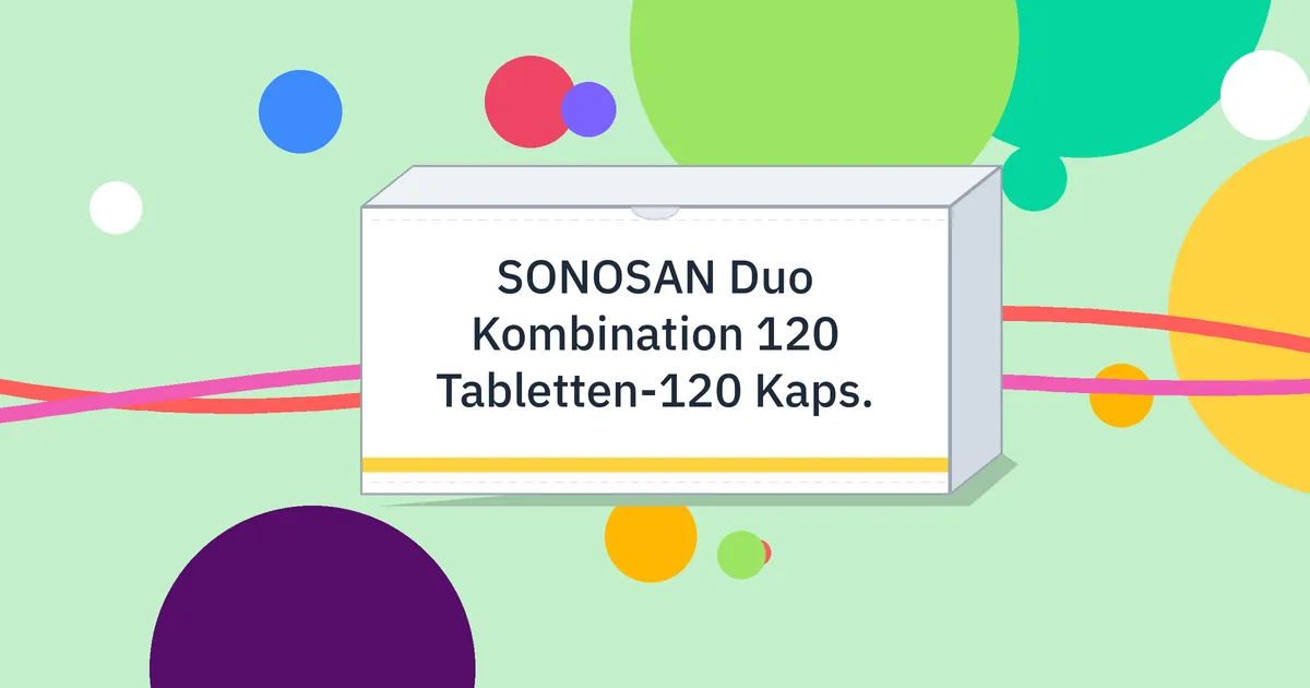 Symbolbild: Packung mit der Aufschrift SONOSAN Duo Kombination 120 Tabletten-120 Kaps. (PZN 07787368) – Verfügbarkeit und Bezug in Apotheken in Frankfurt am Main