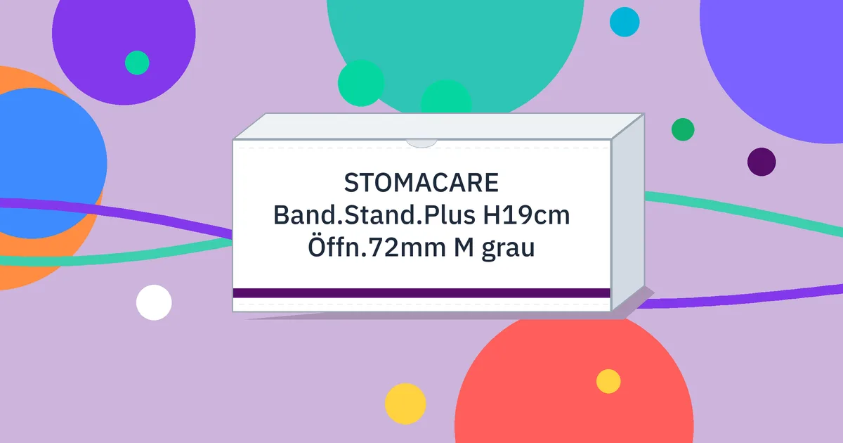 Symbolbild: Packung mit der Aufschrift STOMACARE Band.Stand.Plus H19cm Öffn.72mm M grau (PZN 16750619) – Verfügbarkeit und Bezug in Apotheken in Frankfurt am Main