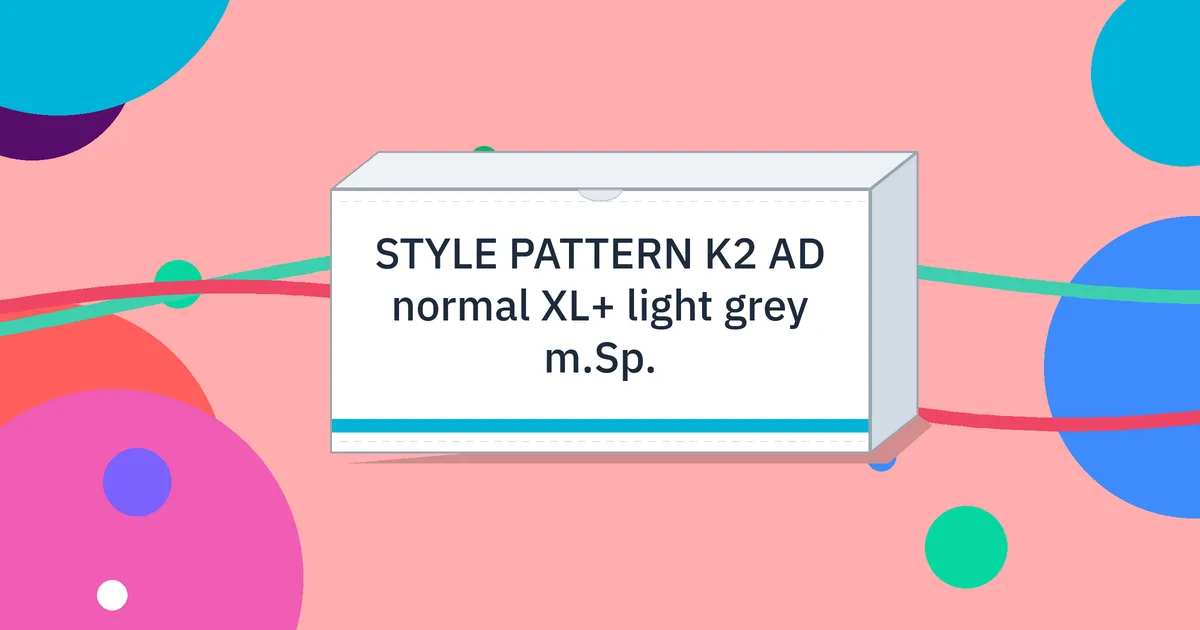 Symbolbild: Packung mit der Aufschrift STYLE PATTERN K2 AD normal XL+ light grey m.Sp. (PZN 19695157) – Verfügbarkeit und Bezug in Apotheken in Frankfurt am Main