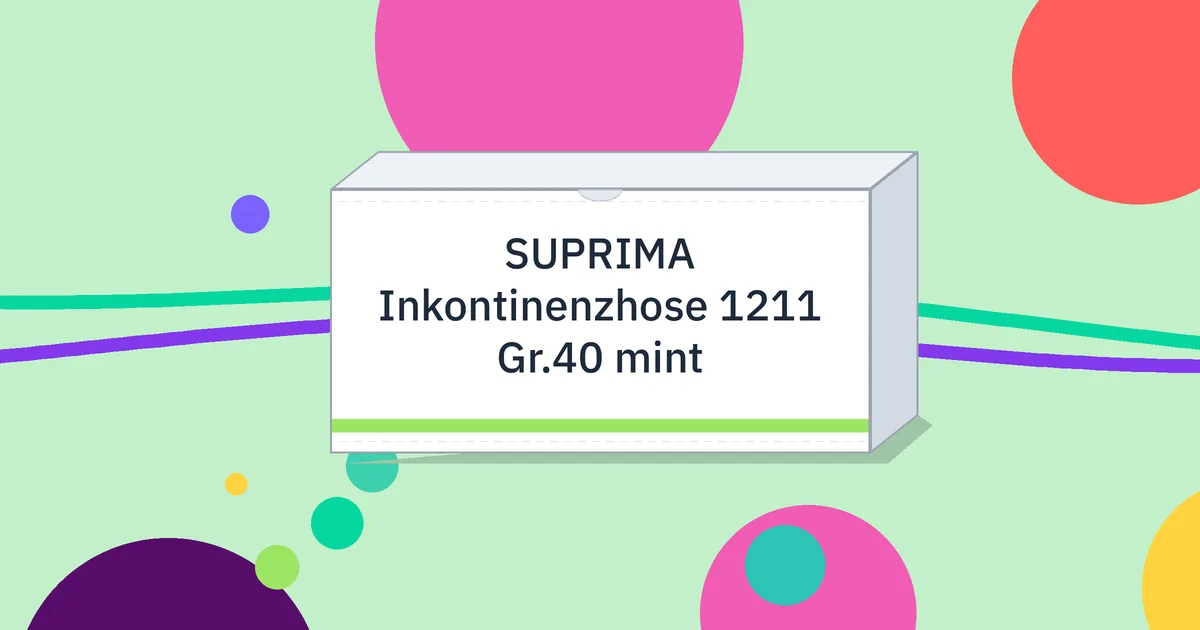 Symbolbild: Packung mit der Aufschrift SUPRIMA Inkontinenzhose 1211 Gr.40 mint (PZN 07632766) – Verfügbarkeit und Bezug in Apotheken in Frankfurt am Main