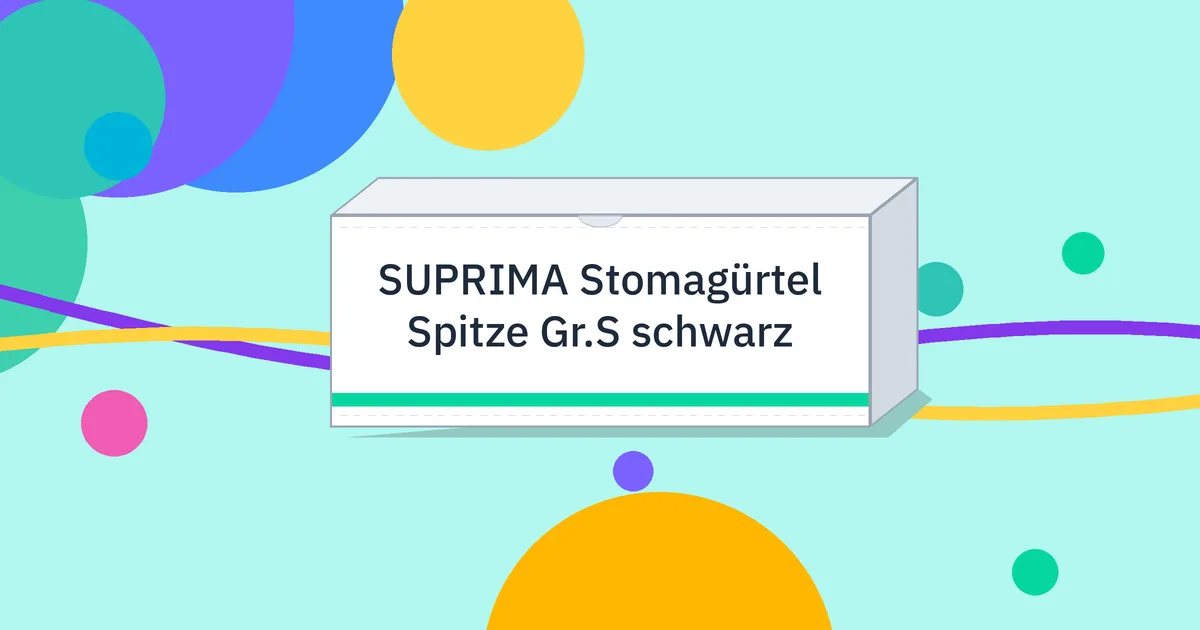 Symbolbild: Packung mit der Aufschrift SUPRIMA Stomagürtel Spitze Gr.S schwarz (PZN 11545168) – Verfügbarkeit und Bezug in Apotheken in Frankfurt am Main