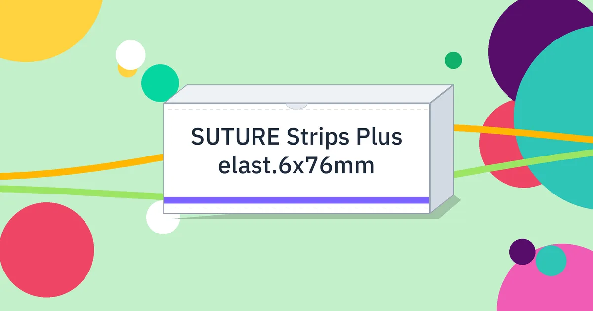 Symbolbild: Packung mit der Aufschrift SUTURE Strips Plus elast.6x76mm (PZN 03637206) – Verfügbarkeit und Bezug in Apotheken in Frankfurt am Main