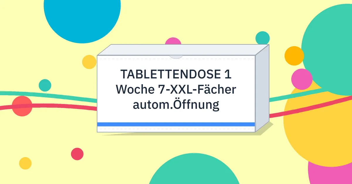 Symbolbild: Packung mit der Aufschrift TABLETTENDOSE 1 Woche 7-XXL-Fächer autom.Öffnung (PZN 13921836) – Verfügbarkeit und Bezug in Apotheken in Frankfurt am Main