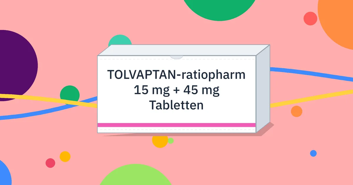 Symbolbild: Packung mit der Aufschrift TOLVAPTAN-ratiopharm 15 mg + 45 mg Tabletten (PZN 15821949) – Verfügbarkeit und Bezug in Apotheken in Frankfurt am Main