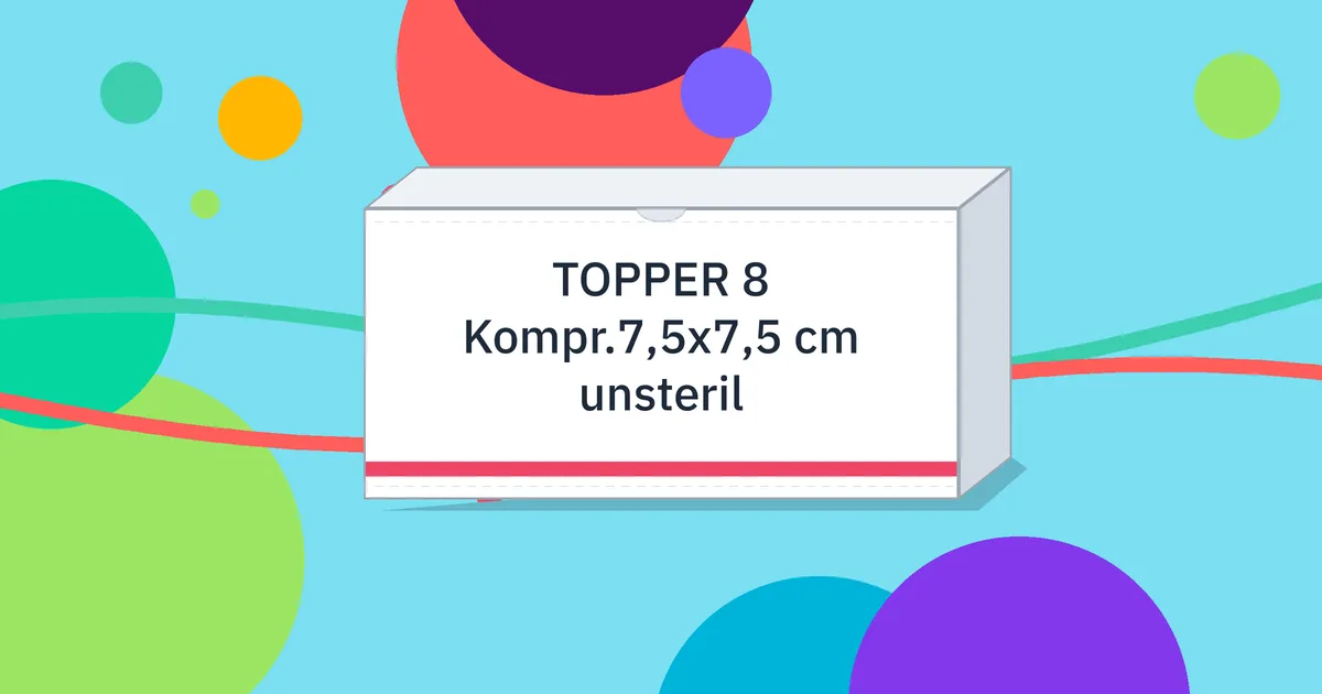 Symbolbild: Packung mit der Aufschrift TOPPER 8 Kompr.7,5x7,5 cm unsteril (PZN 11184724) – Verfügbarkeit und Bezug in Apotheken in Frankfurt am Main