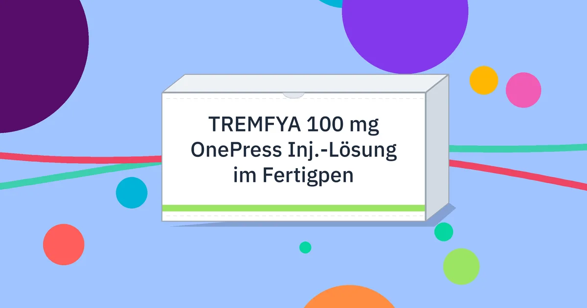 Symbolbild: Packung mit der Aufschrift TREMFYA 100 mg OnePress Inj.-Lösung im Fertigpen (PZN 20825872) – Verfügbarkeit und Bezug in Apotheken in Frankfurt am Main