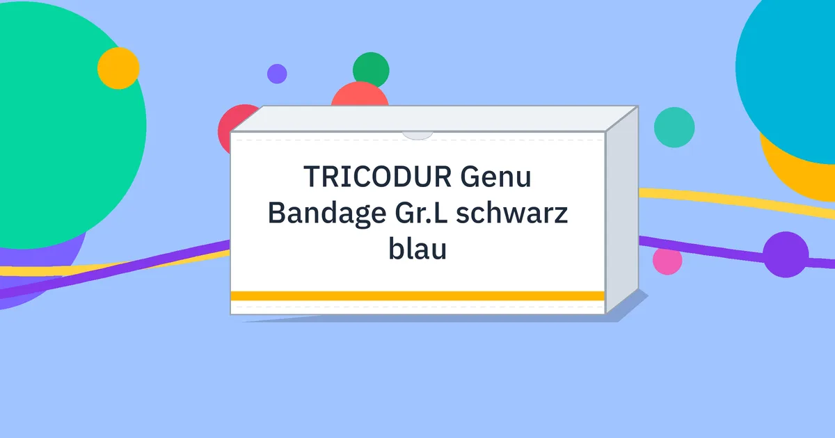 Symbolbild: Packung mit der Aufschrift TRICODUR Genu Bandage Gr.L schwarz blau (PZN 06446004) – Verfügbarkeit und Bezug in Apotheken in Frankfurt am Main