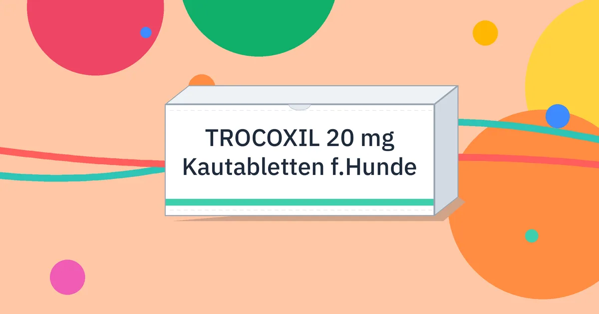 Symbolbild: Packung mit der Aufschrift TROCOXIL 20 mg Kautabletten f.Hunde (PZN 05738265) – Verfügbarkeit und Bezug in Apotheken in Frankfurt am Main