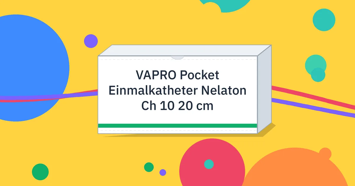 Symbolbild: Packung mit der Aufschrift VAPRO Pocket Einmalkatheter Nelaton Ch 10 20 cm (PZN 19639182) – Verfügbarkeit und Bezug in Apotheken in Frankfurt am Main