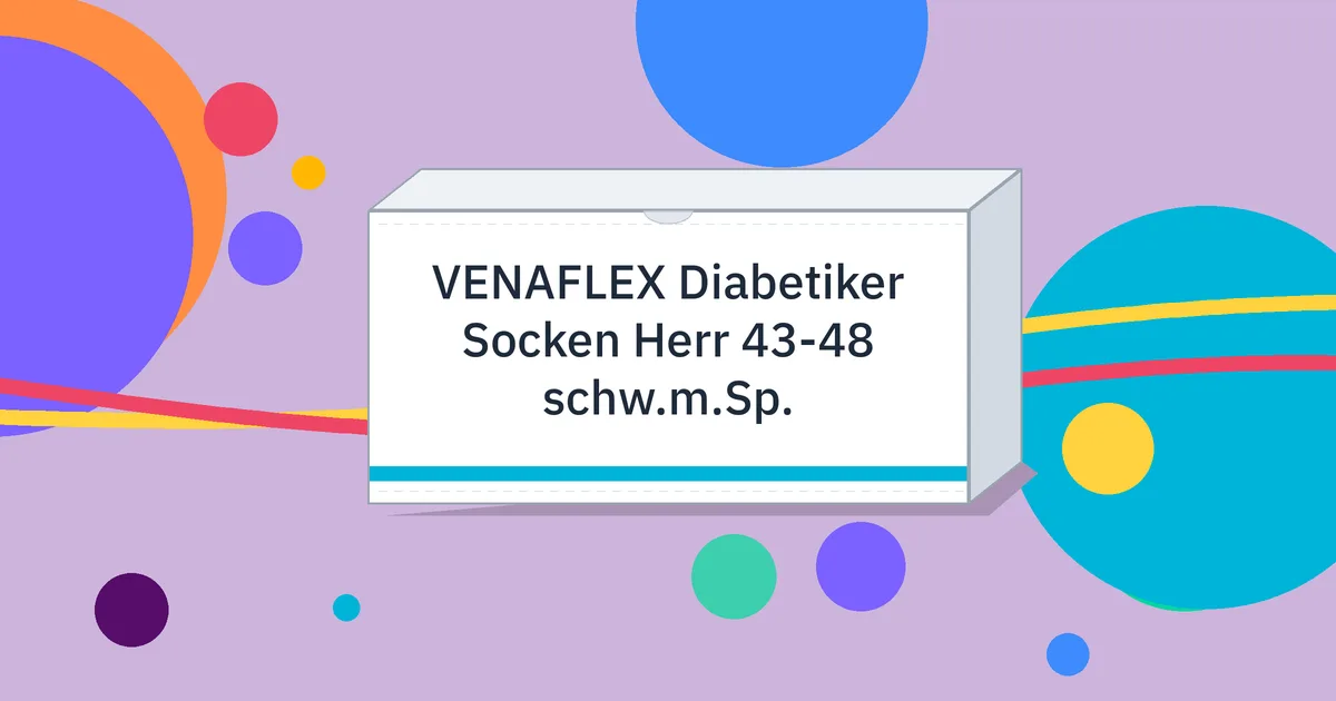 Symbolbild: Packung mit der Aufschrift VENAFLEX Diabetiker Socken Herr 43-48 schw.m.Sp. (PZN 18309413) – Verfügbarkeit und Bezug in Apotheken in Frankfurt am Main