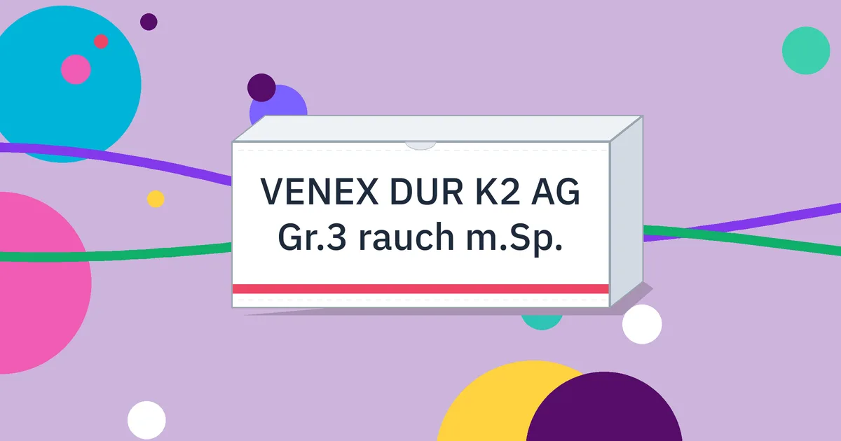 Symbolbild: Packung mit der Aufschrift VENEX DUR K2 AG Gr.3 rauch m.Sp. (PZN 03213245) – Verfügbarkeit und Bezug in Apotheken in Frankfurt am Main