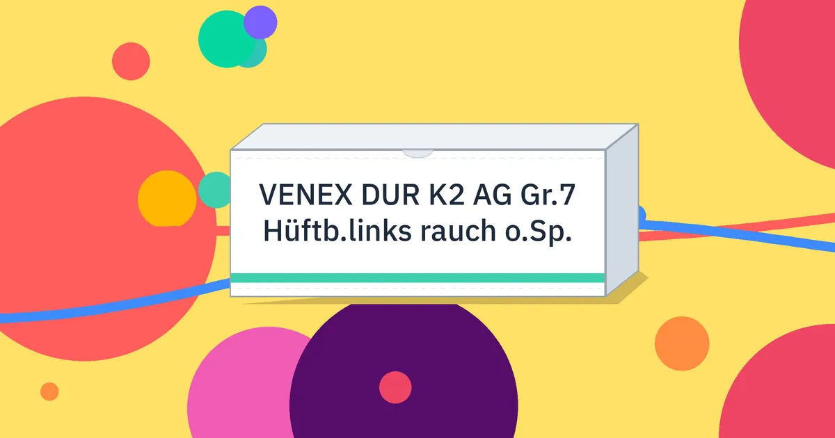 Symbolbild: Packung mit der Aufschrift VENEX DUR K2 AG Gr.7 Hüftb.links rauch o.Sp. (PZN 03231303) – Verfügbarkeit und Bezug in Apotheken in Frankfurt am Main