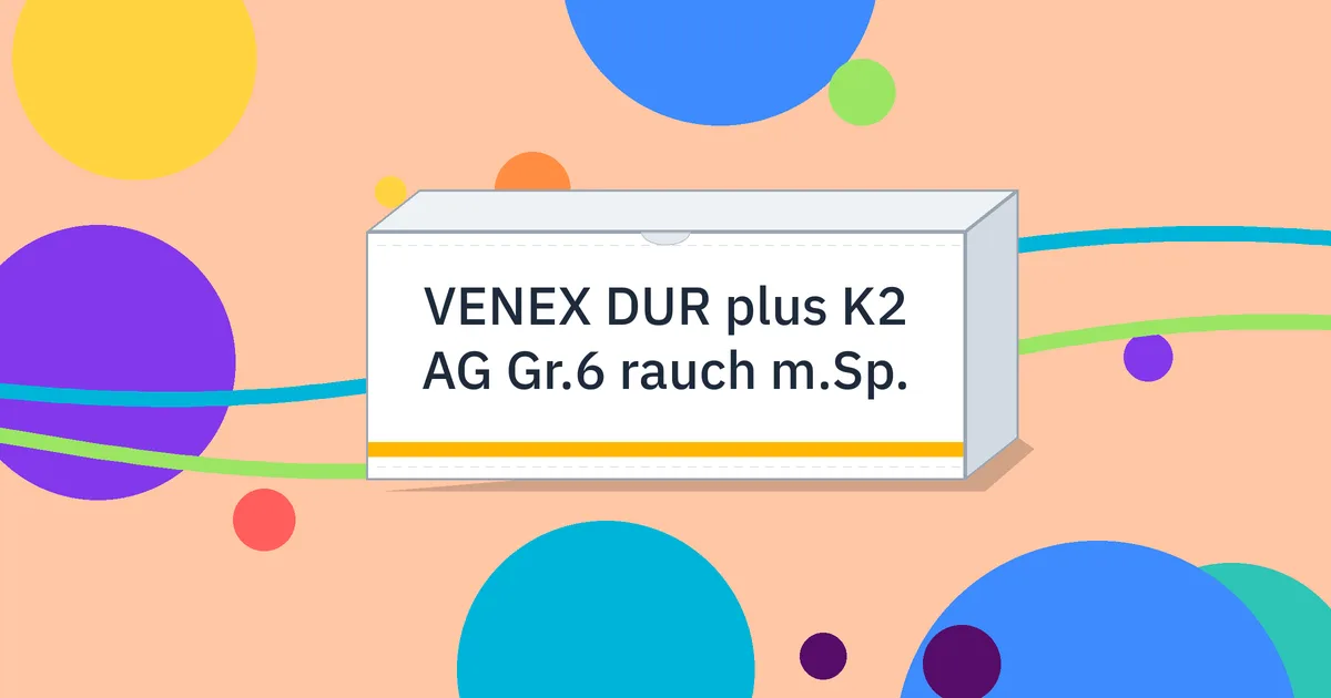 Symbolbild: Packung mit der Aufschrift VENEX DUR plus K2 AG Gr.6 rauch m.Sp. (PZN 03234709) – Verfügbarkeit und Bezug in Apotheken in Frankfurt am Main