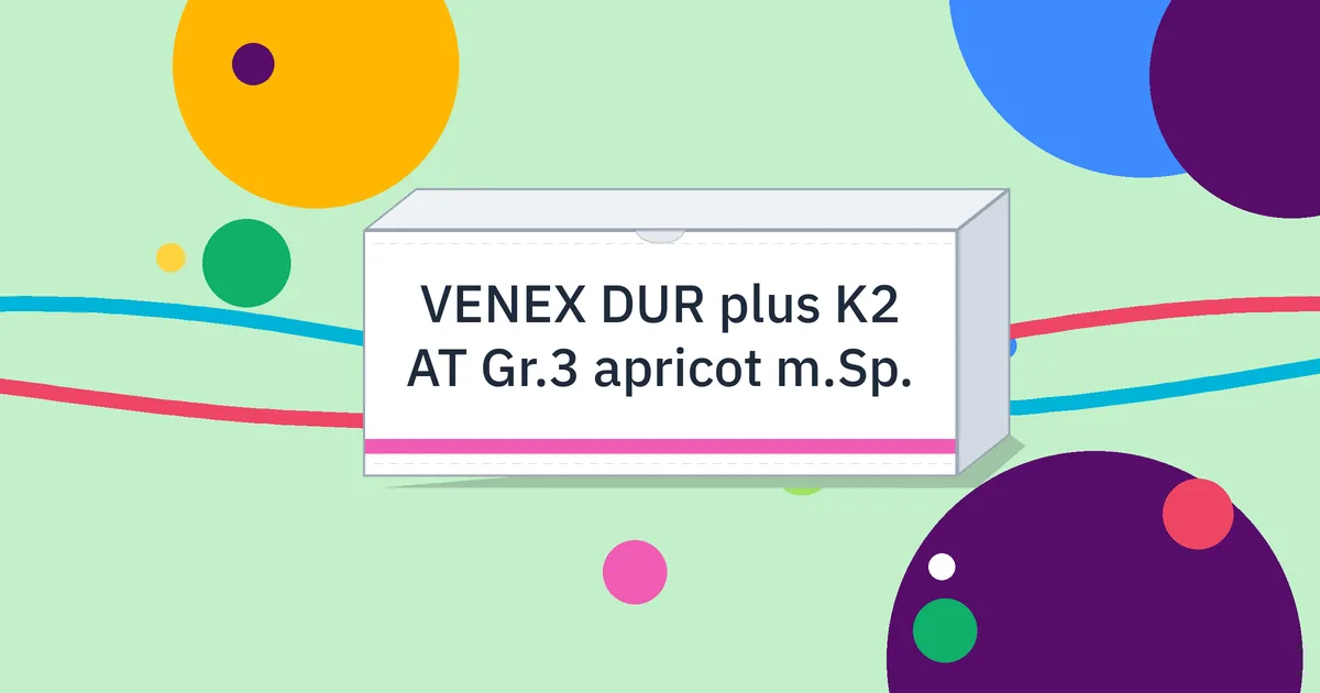 Symbolbild: Packung mit der Aufschrift VENEX DUR plus K2 AT Gr.3 apricot m.Sp. (PZN 03234342) – Verfügbarkeit und Bezug in Apotheken in Frankfurt am Main