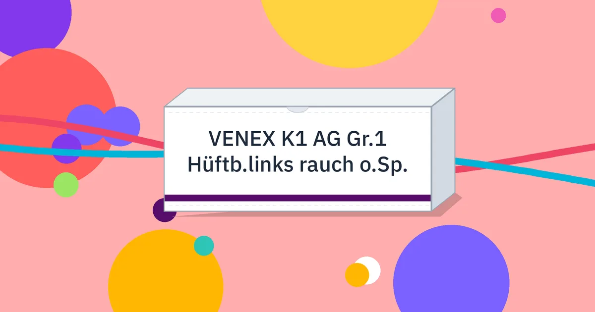 Symbolbild: Packung mit der Aufschrift VENEX K1 AG Gr.1 Hüftb.links rauch o.Sp. (PZN 03204855) – Verfügbarkeit und Bezug in Apotheken in Frankfurt am Main