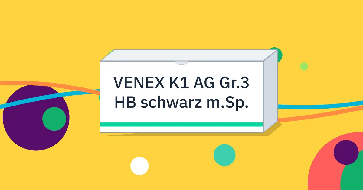 Symbolbild: Packung mit der Aufschrift VENEX K1 AG Gr.3 HB schwarz m.Sp. (PZN 03192365) – Verfügbarkeit und Bezug in Apotheken in Frankfurt am Main