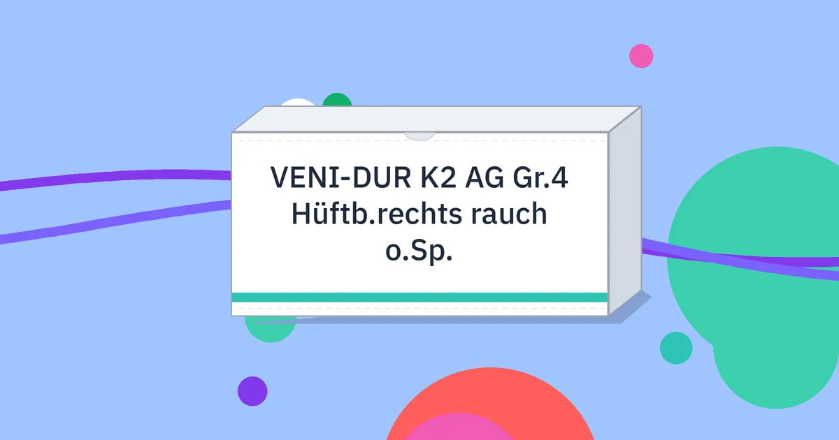 Symbolbild: Packung mit der Aufschrift VENI-DUR K2 AG Gr.4 Hüftb.rechts rauch o.Sp. (PZN 03253351) – Verfügbarkeit und Bezug in Apotheken in Frankfurt am Main