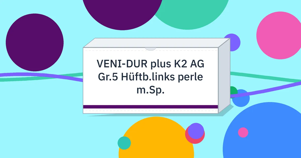 Symbolbild: Packung mit der Aufschrift VENI-DUR plus K2 AG Gr.5 Hüftb.links perle m.Sp. (PZN 03256154) – Verfügbarkeit und Bezug in Apotheken in Frankfurt am Main