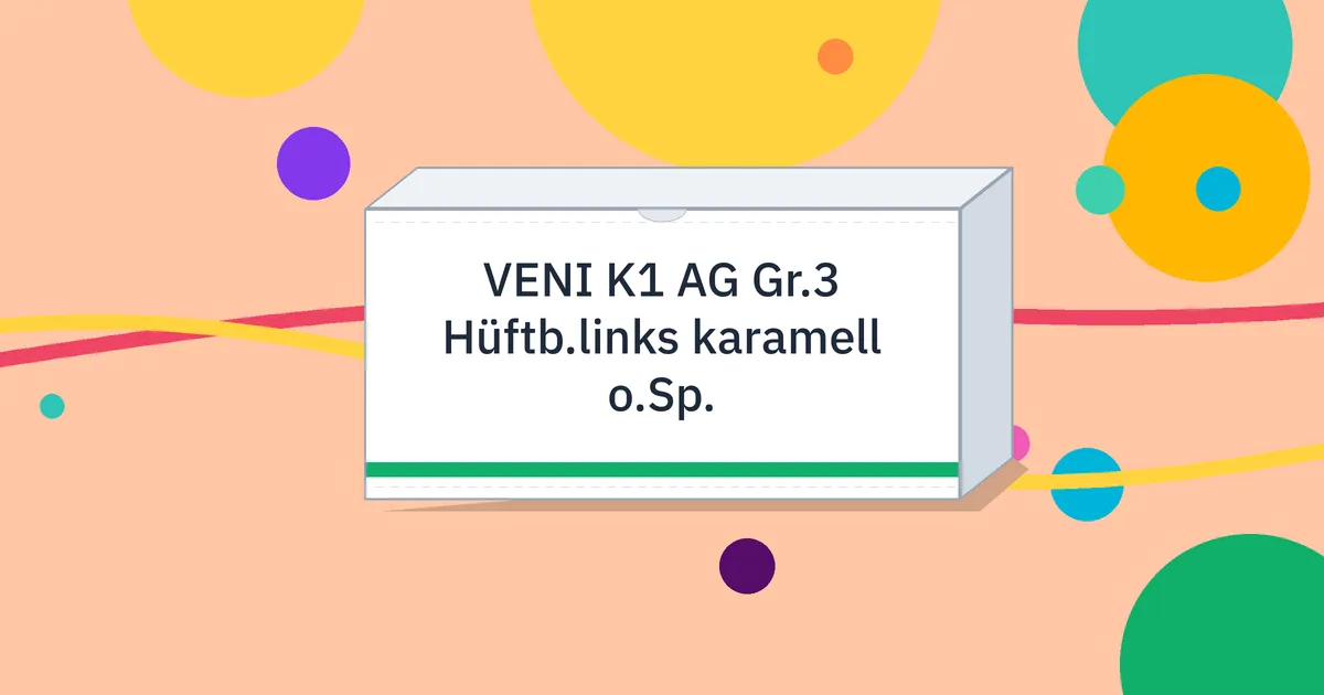 Symbolbild: Packung mit der Aufschrift VENI K1 AG Gr.3 Hüftb.links karamell o.Sp. (PZN 13760244) – Verfügbarkeit und Bezug in Apotheken in Frankfurt am Main