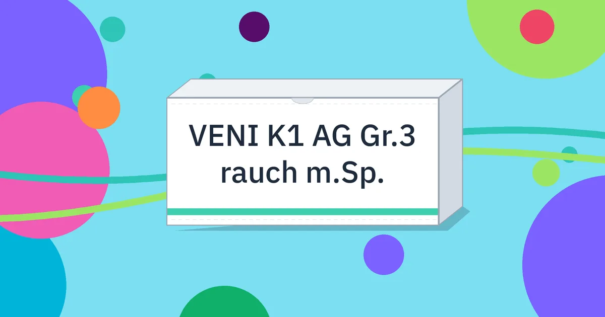 Symbolbild: Packung mit der Aufschrift VENI K1 AG Gr.3 rauch m.Sp. (PZN 08677245) – Verfügbarkeit und Bezug in Apotheken in Frankfurt am Main