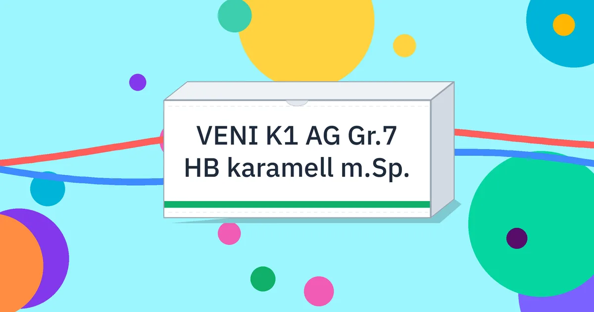 Symbolbild: Packung mit der Aufschrift VENI K1 AG Gr.7 HB karamell m.Sp. (PZN 13756432) – Verfügbarkeit und Bezug in Apotheken in Frankfurt am Main