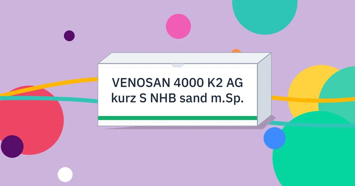 Symbolbild: Packung mit der Aufschrift VENOSAN 4000 K2 AG kurz S NHB sand m.Sp. (PZN 14422851) – Verfügbarkeit und Bezug in Apotheken in Frankfurt am Main